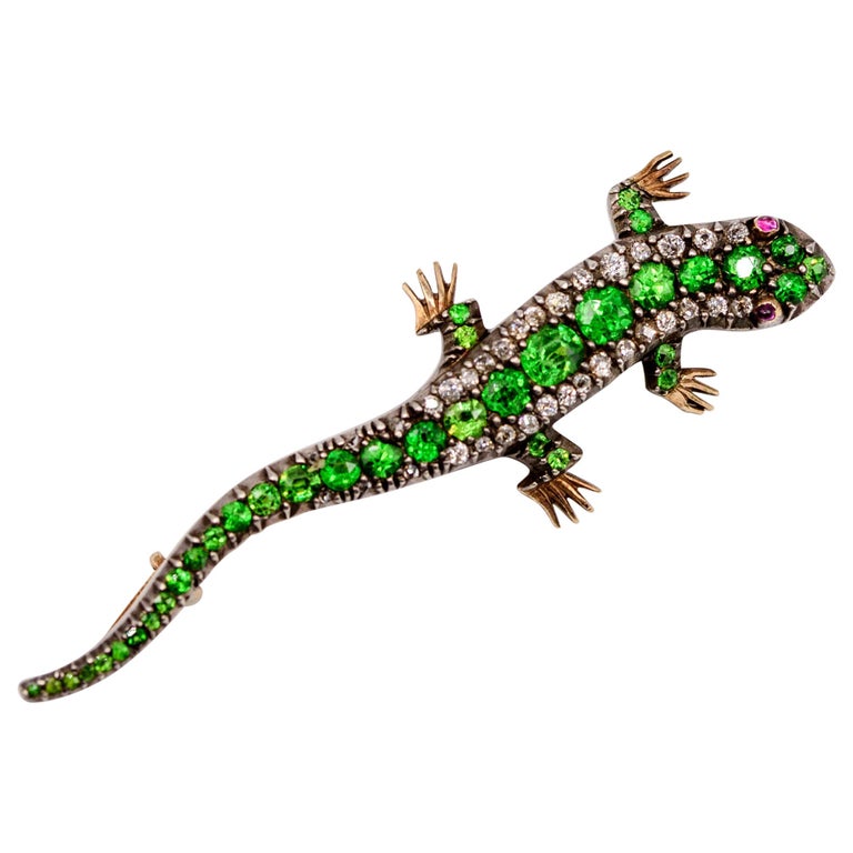 Antique Victorian Demantoid Garnet Diamond Ruby Lizard Pin For Sale at ...
