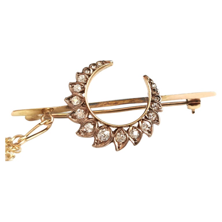 Antique Victorian Diamond Crescent Brooch, 15k Yellow Gold For Sale at ...