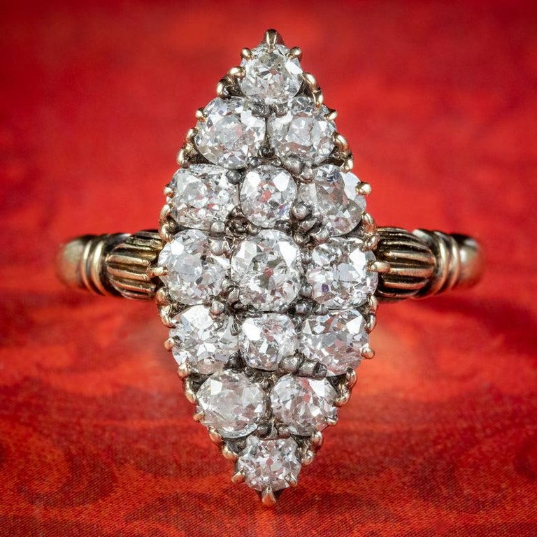 Antique Victorian Diamond Navette Cluster Ring in 2 Carat of Diamond ...