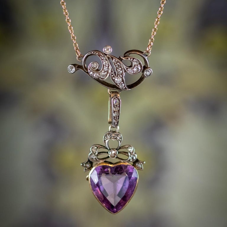 Antique Victorian Diamond Pearl Amethyst Heart Pendant Necklace, Circa ...