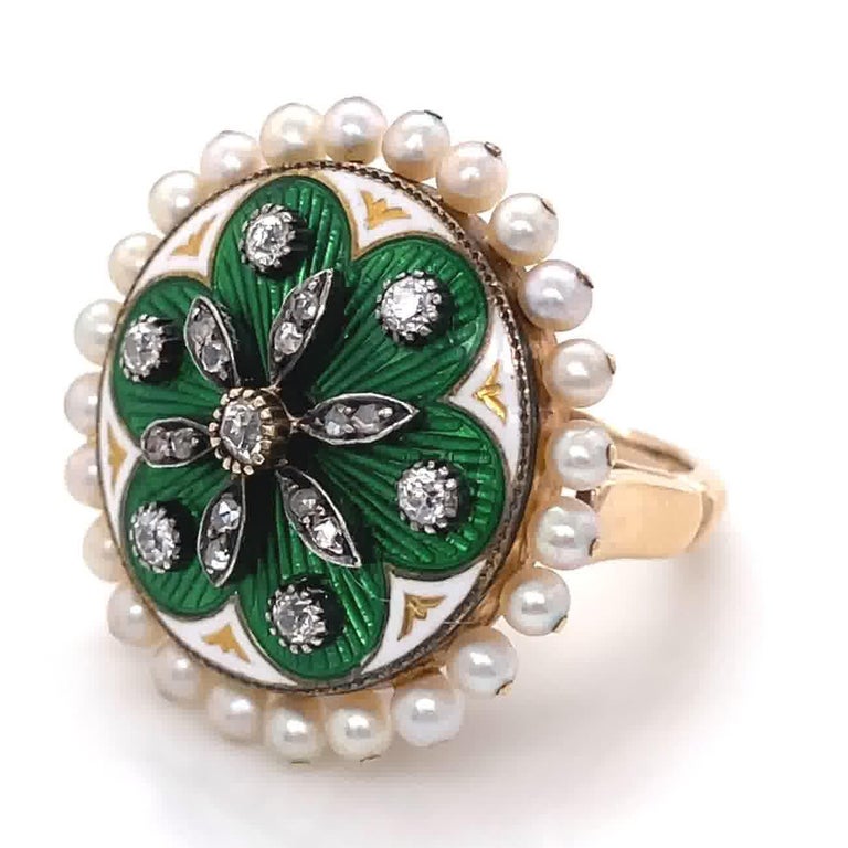 Antique Victorian Diamond Pearl Guilloche Enamel 14 Karat Gold Ring For ...