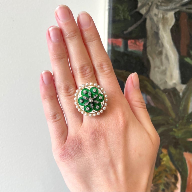 Antique Victorian Diamond Pearl Guilloche Enamel 14 Karat Gold Ring For ...