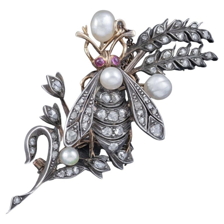 Antique Victorian Diamond Pearl Insect Brooch 18ct Gold Silver 2ct Rose ...