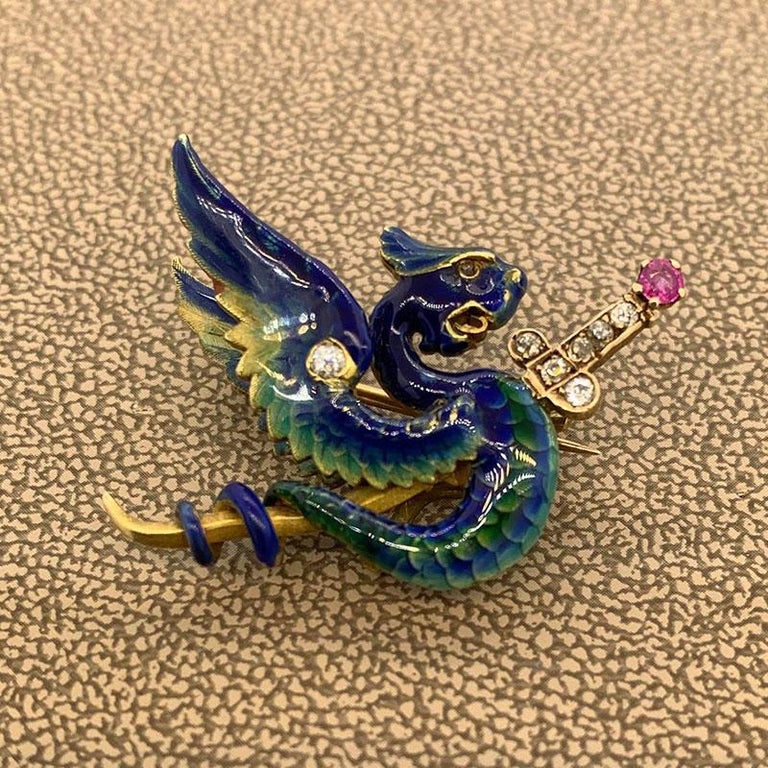 Antique Victorian Diamond Ruby Enamel Dragon Brooch-Pin For Sale at 1stDibs
