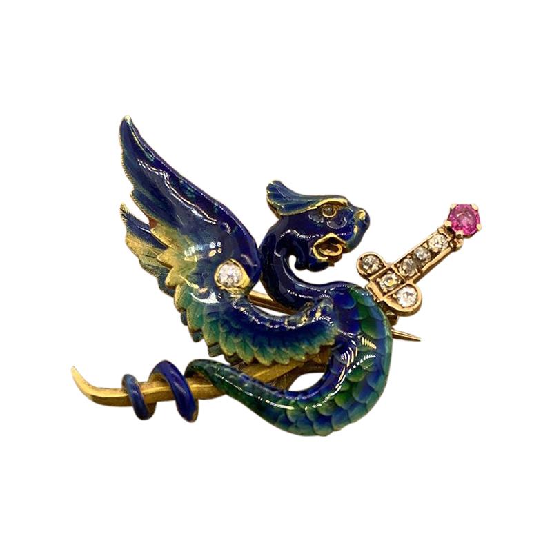 Antique Victorian Diamond Ruby Enamel Dragon Brooch-Pin For Sale at 1stDibs
