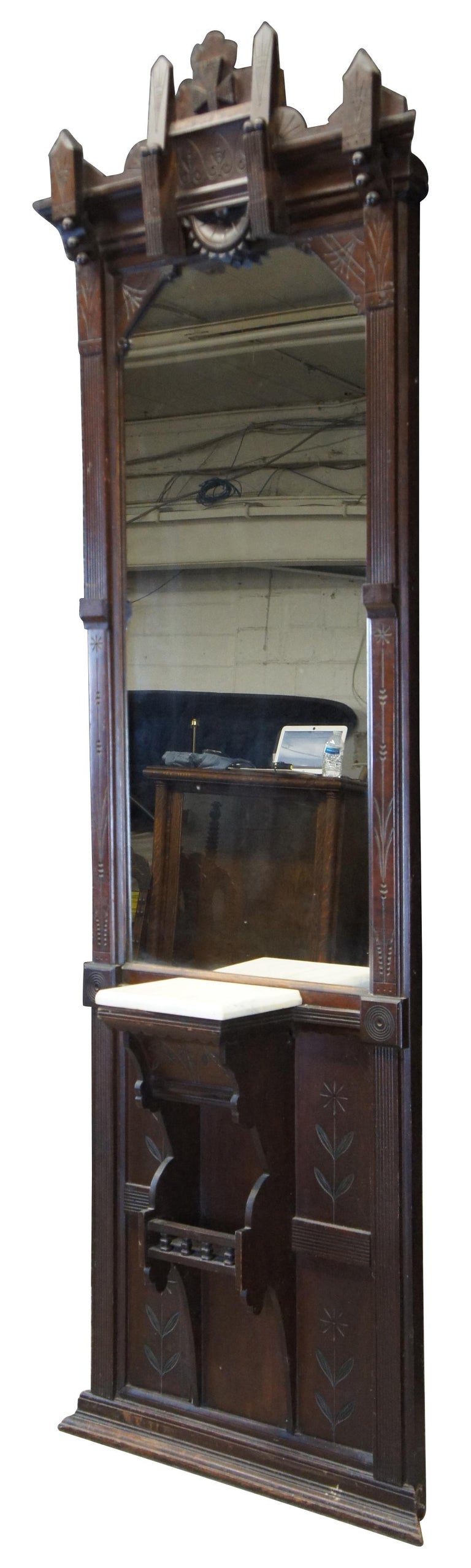 Antique Victorian Eastlake Walnut Pier Hall Mirror with Marble Shelf at ...