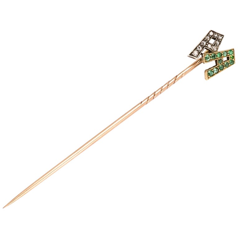Antique Victorian Emerald Diamond PA Stick Pin at 1stDibs