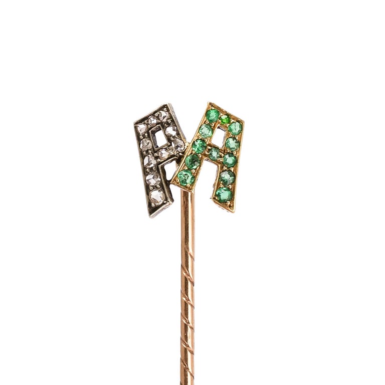 Antique Victorian Emerald Diamond PA Stick Pin at 1stDibs