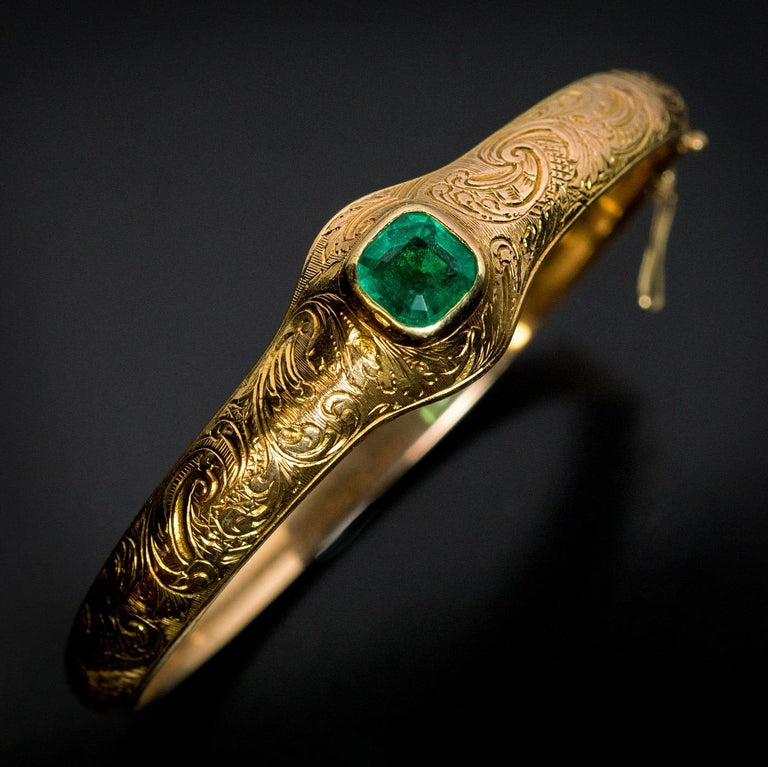 Antique Victorian Emerald Engraved Gold Bangle Bracelet For Sale Free