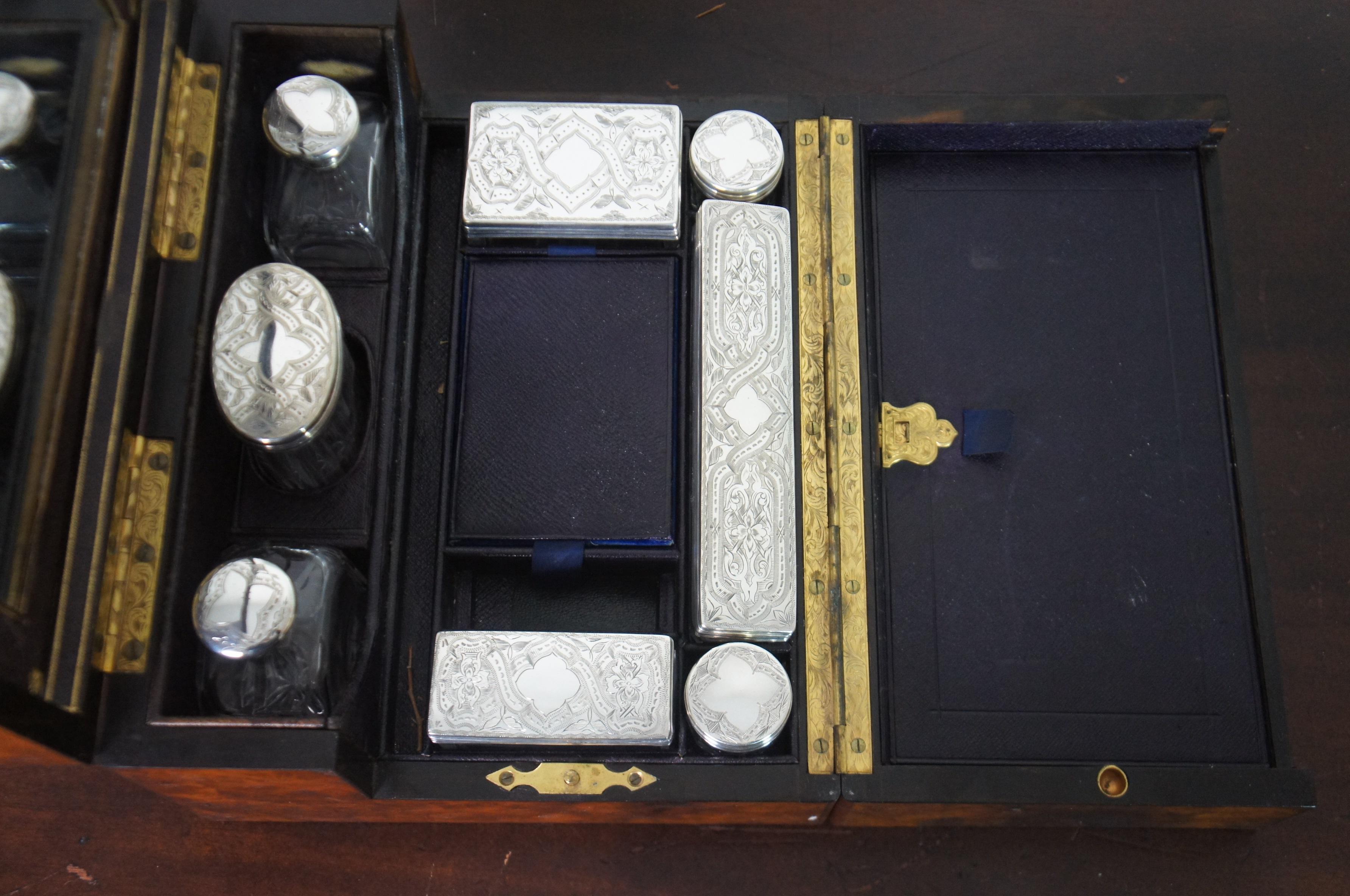 Antique Victorian English Burl Wood Traveling Vanity Box Case Sterling ...