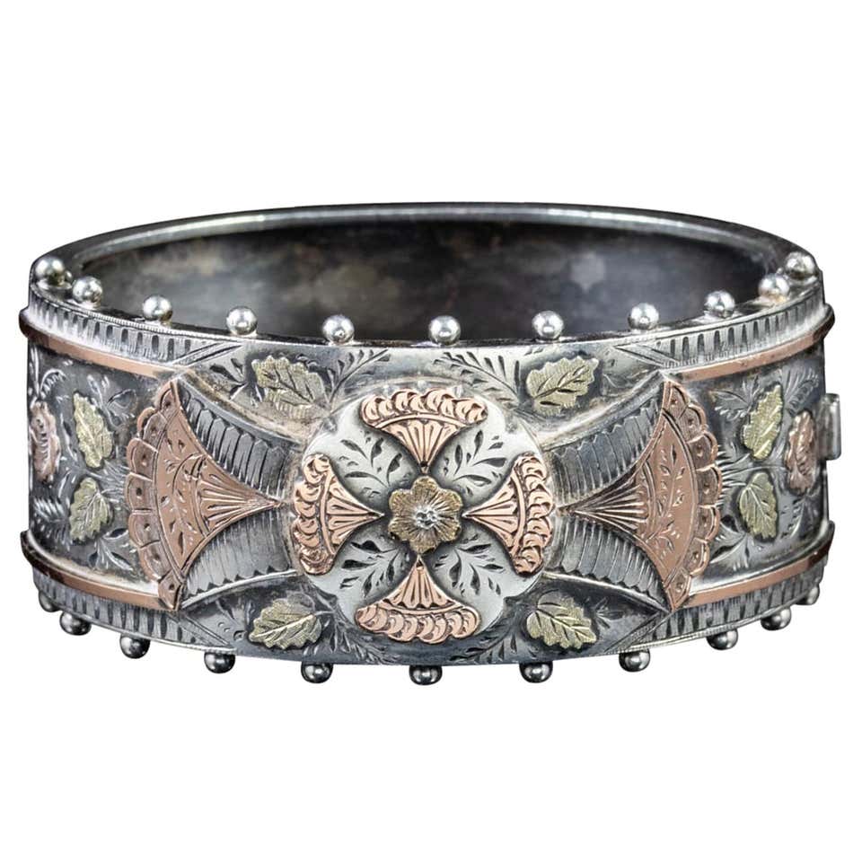 Antique Victorian Engraved Floral Silver Gold Bracelet Circa 1900
