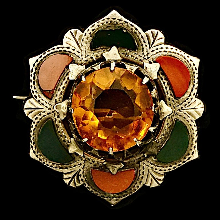 Antique Victorian Engraved Silver Faux Citrine and Agate Brooch For ...