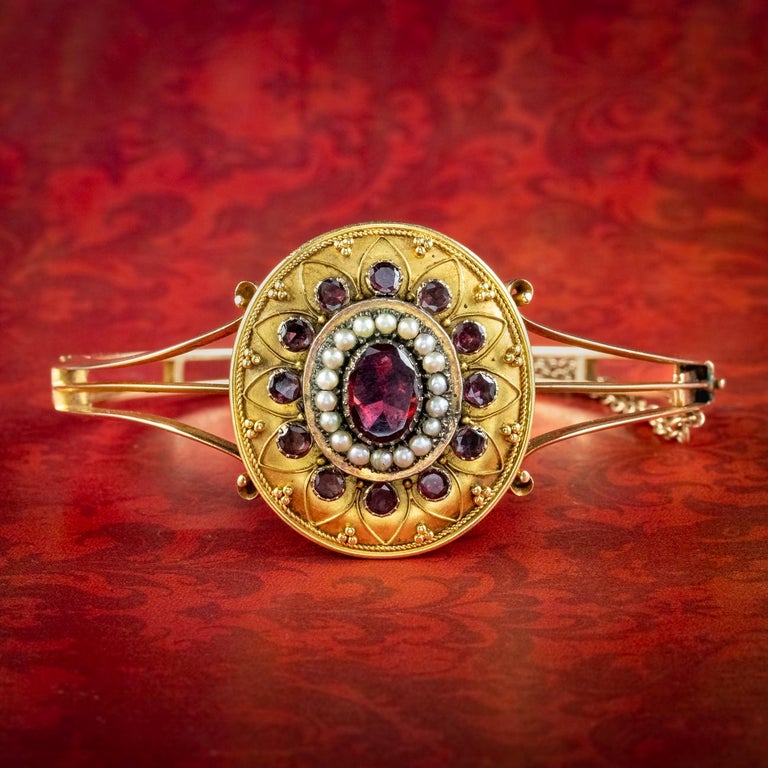 Antique Victorian Etruscan Garnet Pearl Bangle 18ct Gold at 1stDibs