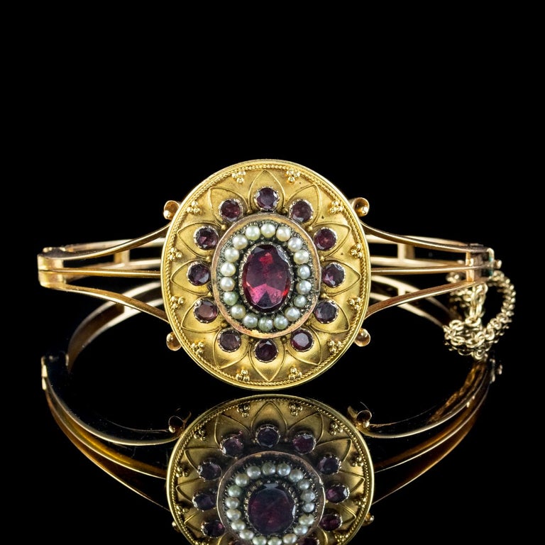 Antique Victorian Etruscan Garnet Pearl Bangle 18ct Gold at 1stDibs