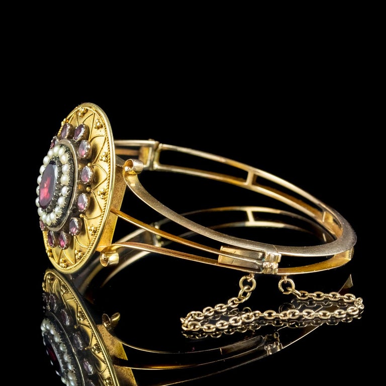 Antique Victorian Etruscan Garnet Pearl Bangle 18ct Gold at 1stDibs