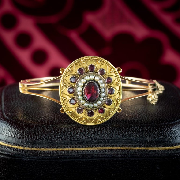 Antique Victorian Etruscan Garnet Pearl Bangle 18ct Gold at 1stDibs