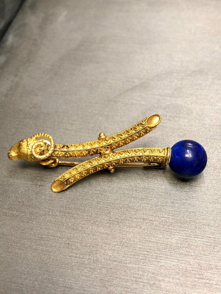 Antique Victorian Etruscan Revival 18k Gold Rams Head Lapis Bypass Pin ...