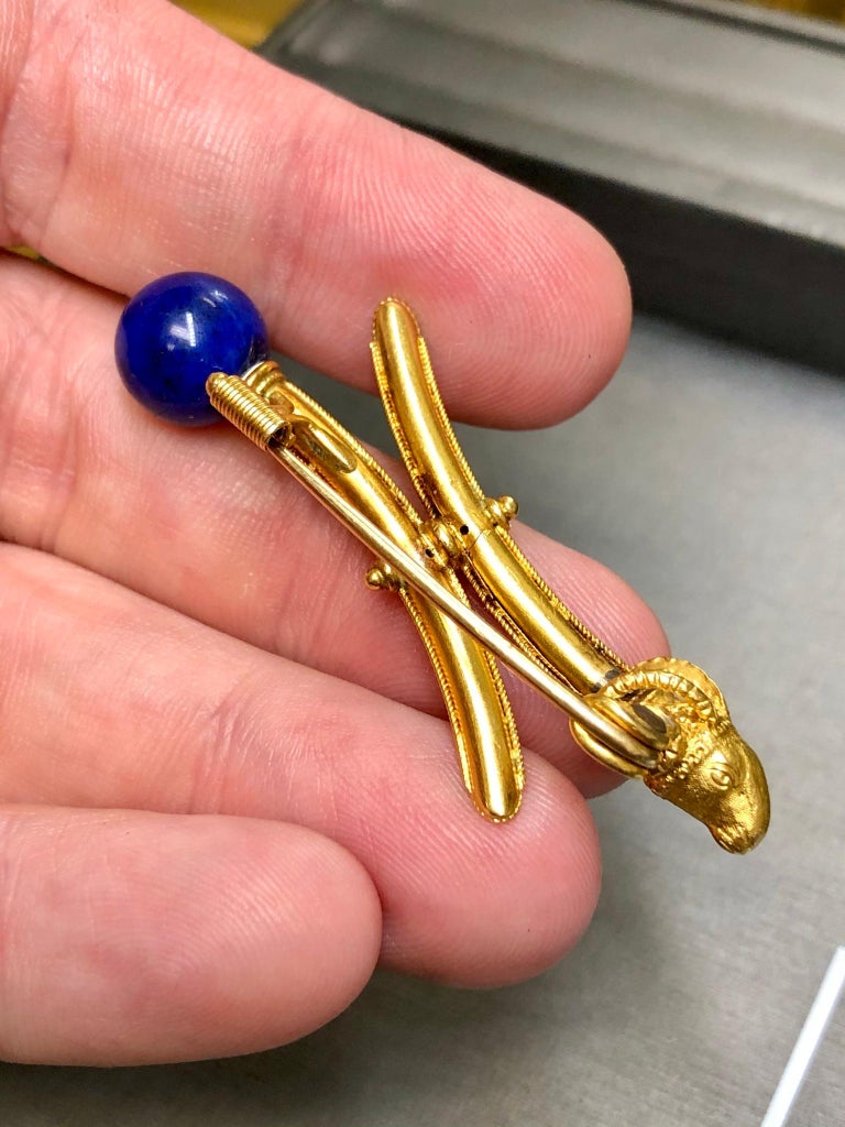 Antique Victorian Etruscan Revival 18k Gold Rams Head Lapis Bypass Pin ...