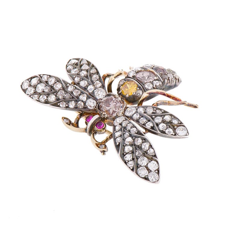 Antique Victorian Fancy Colour Diamond and Ruby Bee Brooch For Sale at ...