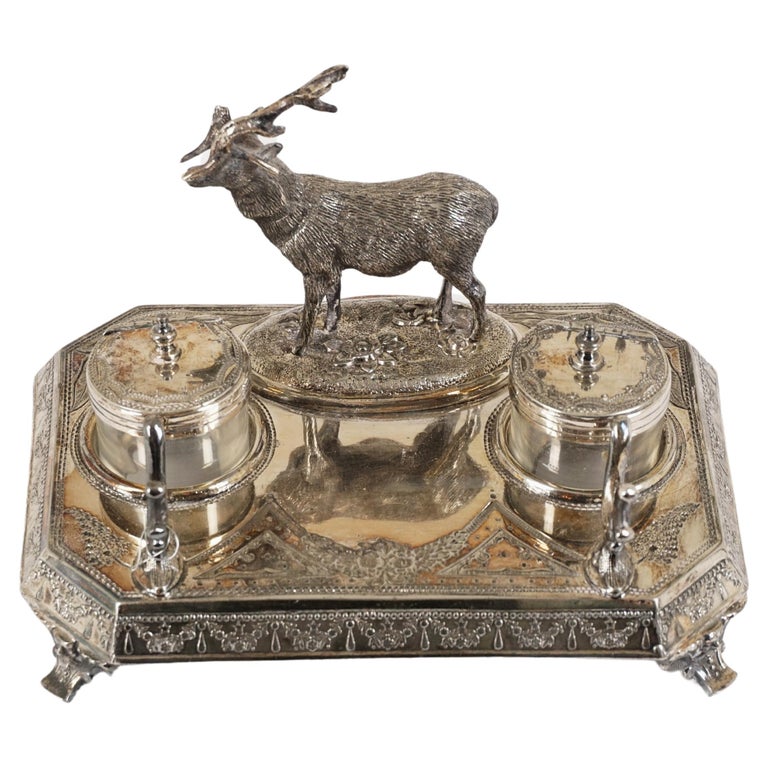 Antique Victorian Floral Engraved Silver Plated Inkstand, Scotland 1880 ...