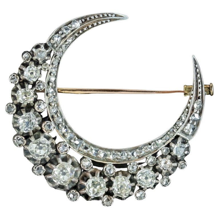 Antique Victorian French Diamond Crescent Moon Brooch 6ct of Diamond ...