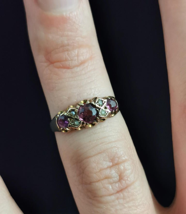 Antique Victorian Garnet and Seed Pearl Ring, 9 Karat Gold at 1stDibs