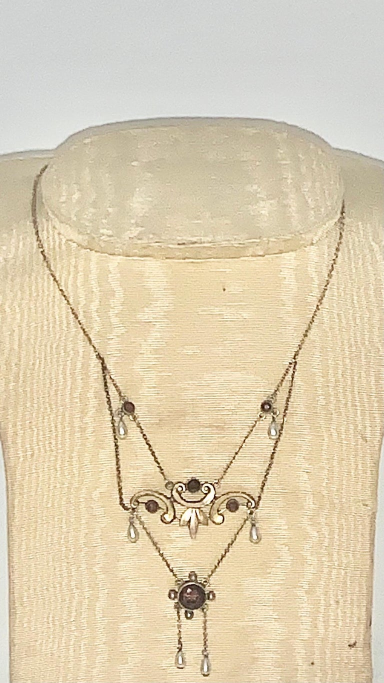 Antique Victorian Garnet Pearl Necklace 9ct Gold Lavaliere For Sale at ...