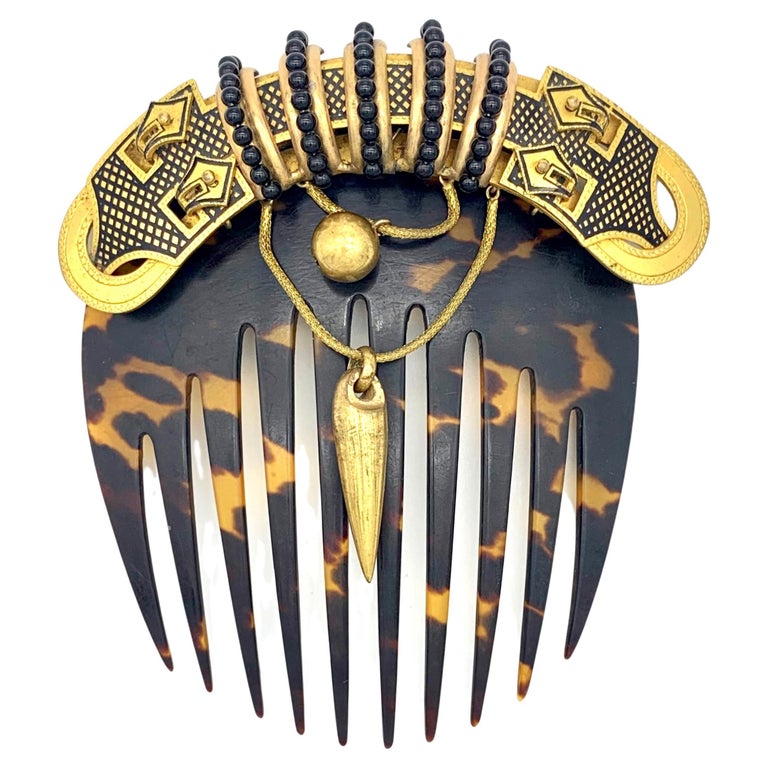 Antique Victorian Gilt Metal Enamel Hair Comb Buckle Motif Suspended ...