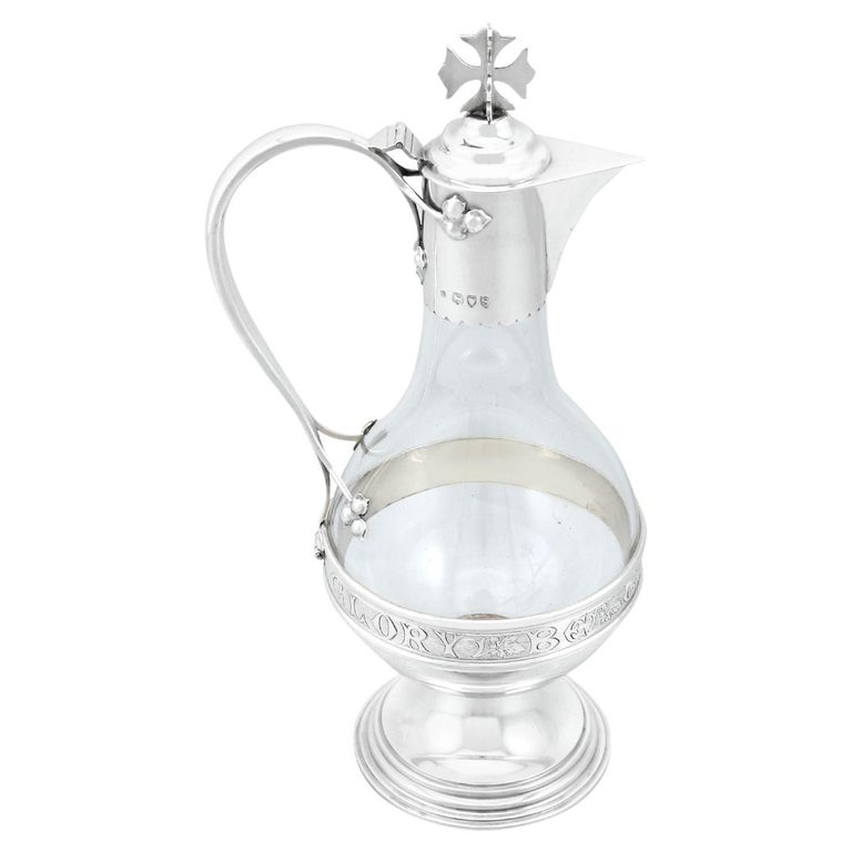 Antique Victorian Glass and Sterling Silver Mounted Communion Wine Jug ...