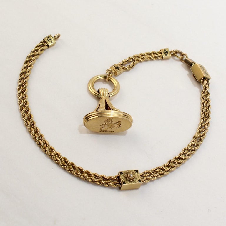 Antique Victorian Gold and Enamel Watch Chain with Slides and a Fob ...