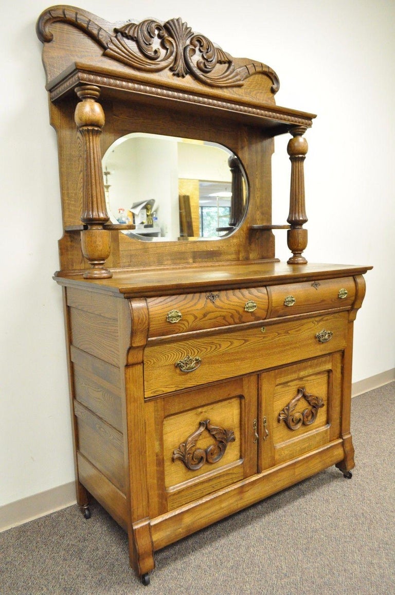 Antique Victorian Golden Quartered Oak Carved Mirror Sideboard Server ...