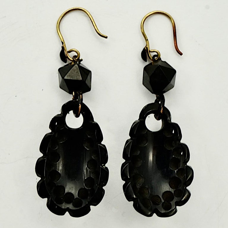 Antique Victorian Hand Carved Whitby Jet Flower Drop Earrings Gold Tone ...