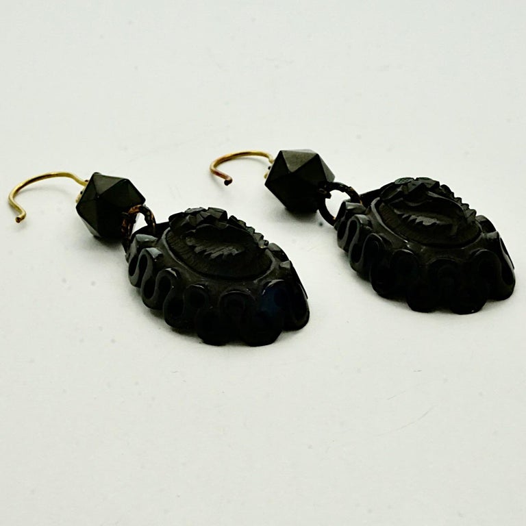 Antique Victorian Hand Carved Whitby Jet Flower Drop Earrings Gold Tone ...