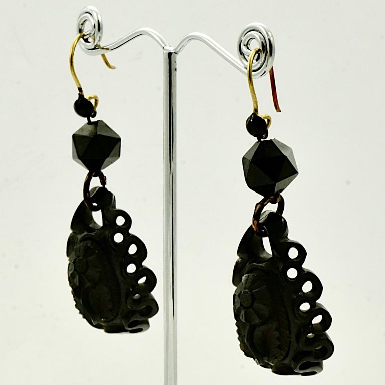 Antique Victorian Hand Carved Whitby Jet Flower Drop Earrings Gold Tone ...