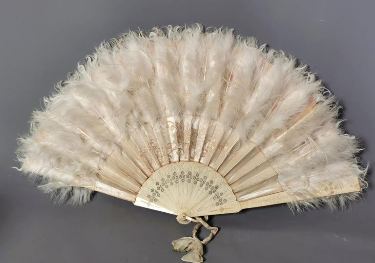 Antique Victorian hand fan, bone, silk and feather at 1stDibs