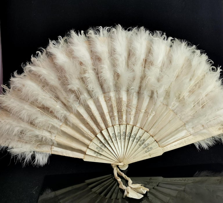 Antique Victorian hand fan, bone, silk and feather at 1stDibs