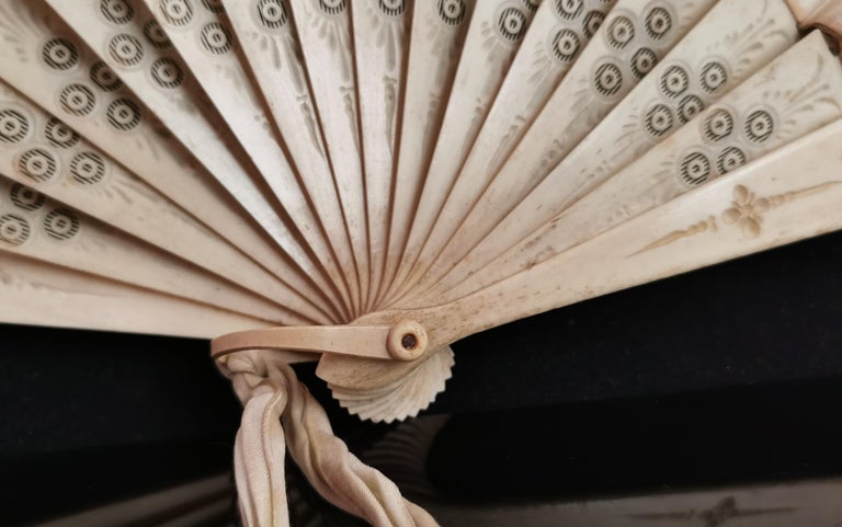 Antique Victorian hand fan, bone, silk and feather at 1stDibs