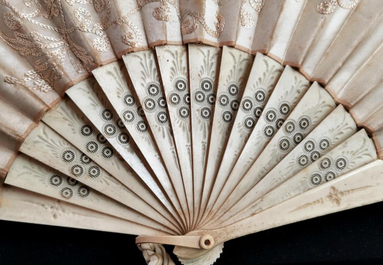 Antique Victorian hand fan, bone, silk and feather at 1stDibs