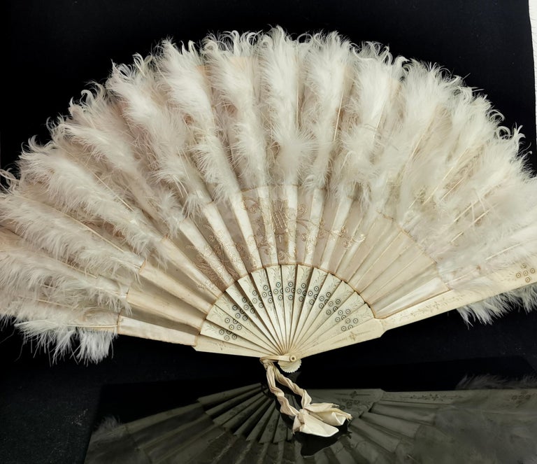 Antique Victorian hand fan, bone, silk and feather at 1stDibs