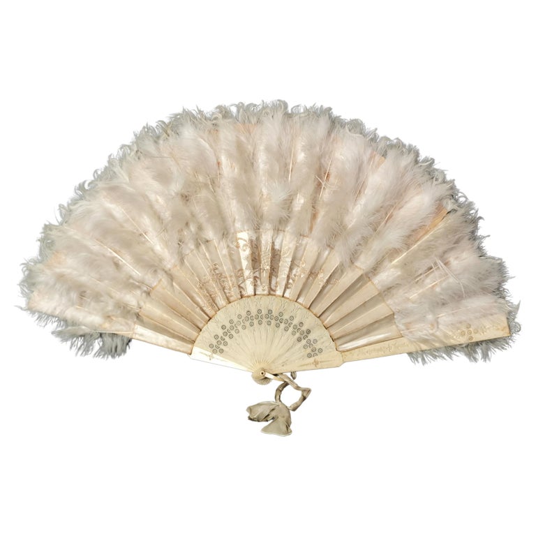 Antique Victorian hand fan, bone, silk and feather at 1stDibs