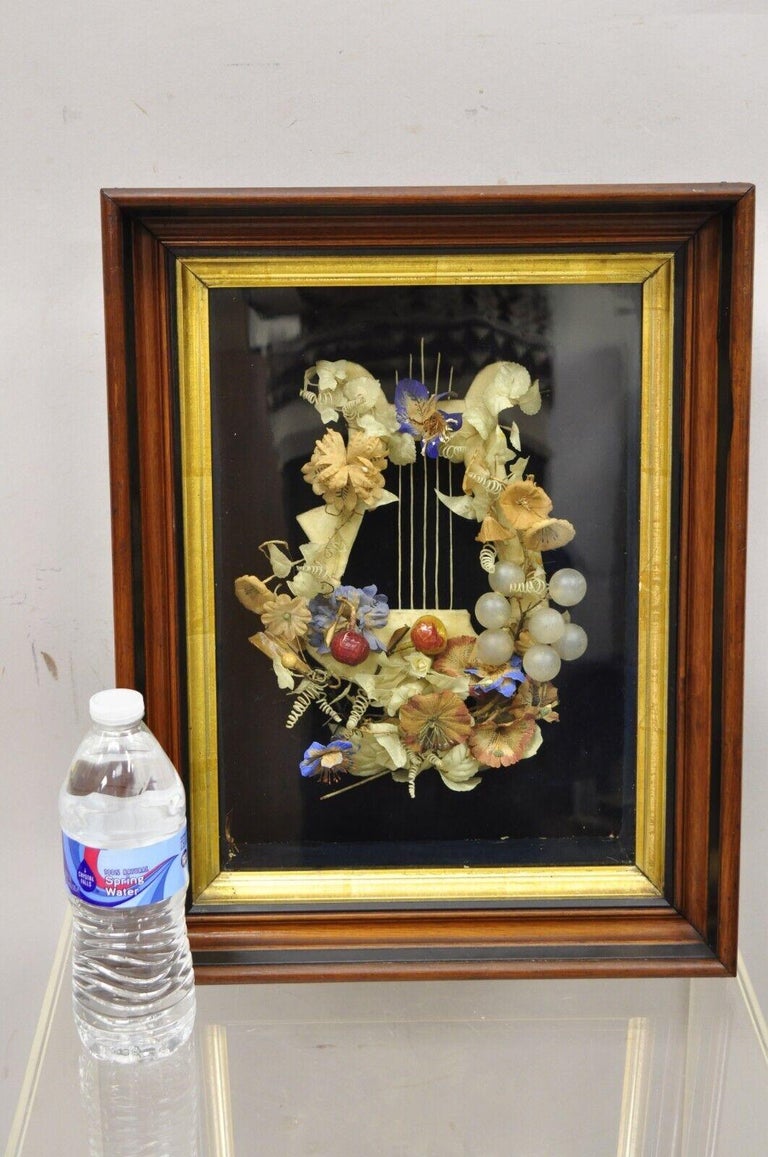 Antique Victorian Harp Design Flower Mourning Wreath Mahogany Shadow ...