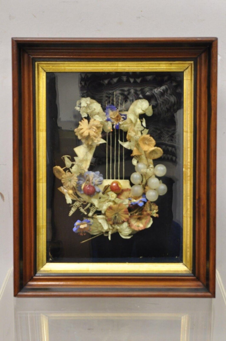 Antique Victorian Harp Design Flower Mourning Wreath Mahogany Shadow ...