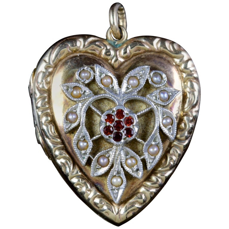 Antique Victorian Heart Locket Garnet Pearl 9 Carat Silver, circa 1900 ...