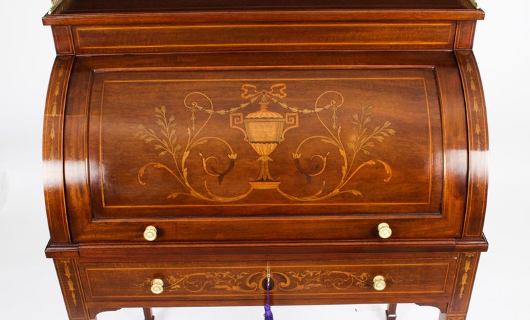 Antique Victorian Inlaid Mahogany Cylinder Bureau Desk 19th Century at ...