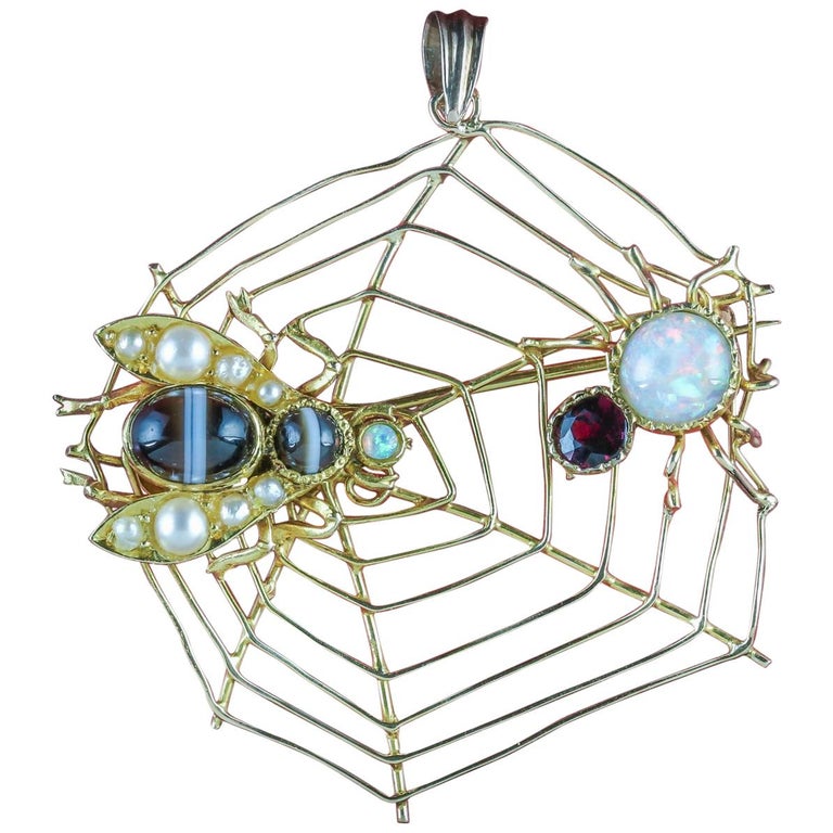 Antique Victorian Insect Brooch 15 Carat Gold Spider and Fly Pendant ...