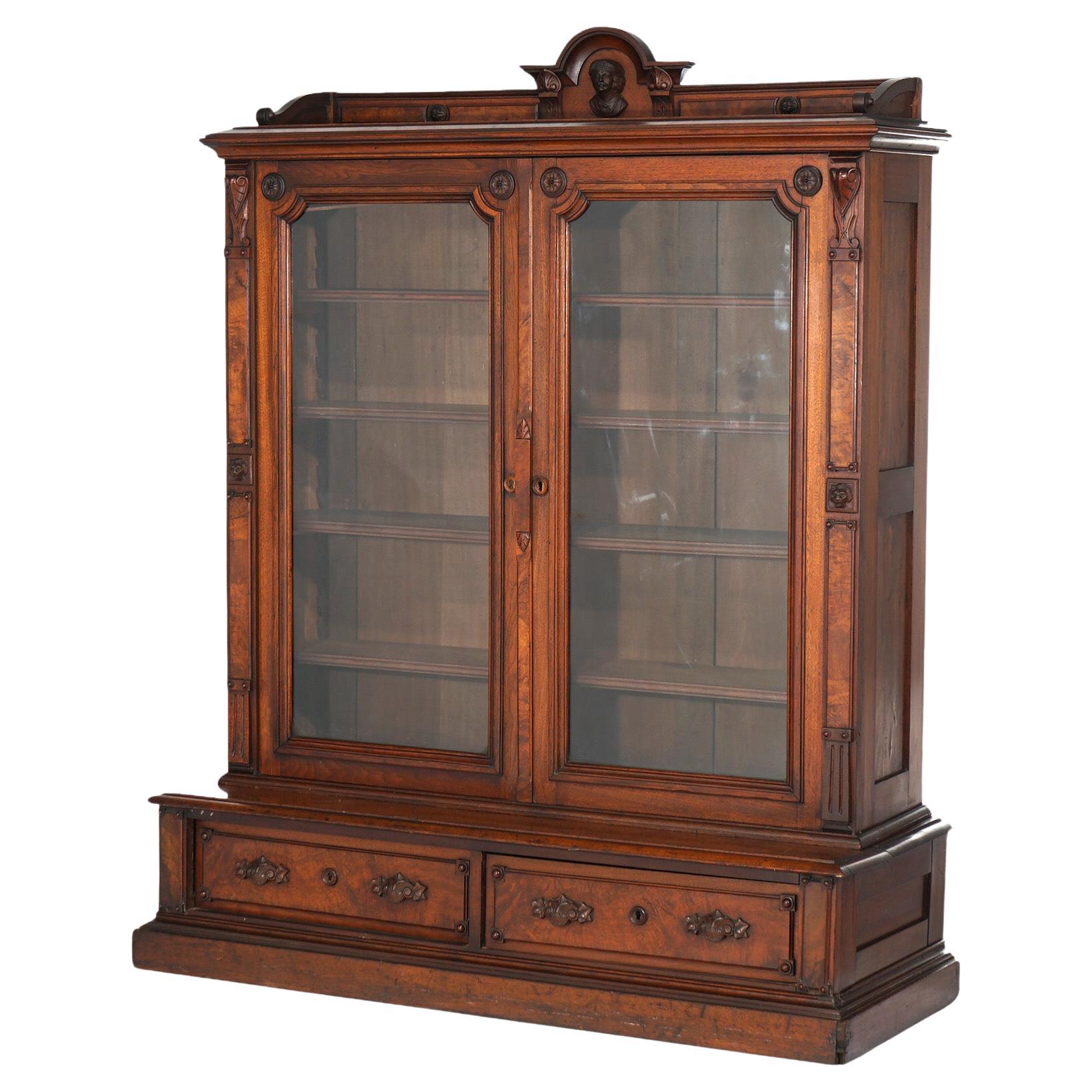Large Victorian Carved Walnut and Burl Enclosed 3-Section Bookcase ...