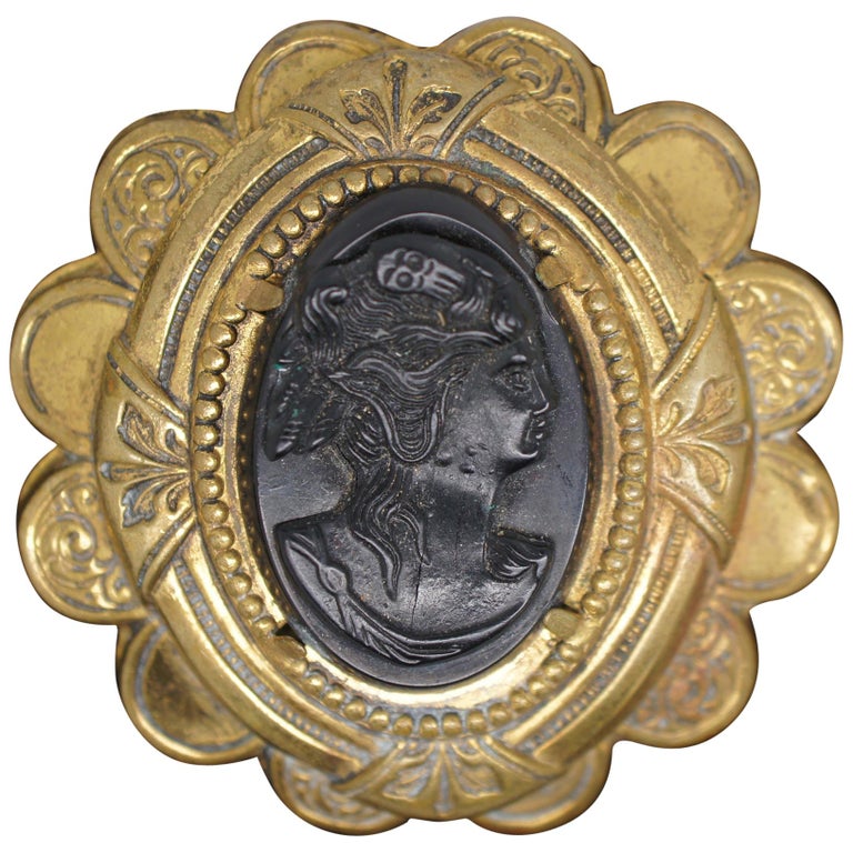 Antique Victorian Jet Black Vulcanite and Bronze Cameo Mourning Brooch ...