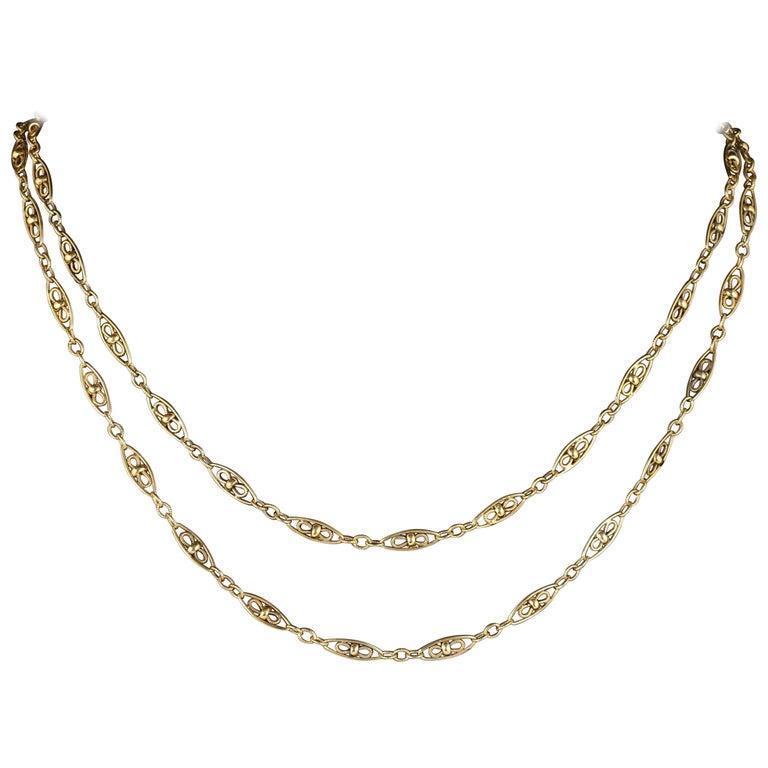 Antique Victorian Long Chain Sautoir 18 Carat on Silver, circa 1900 For ...