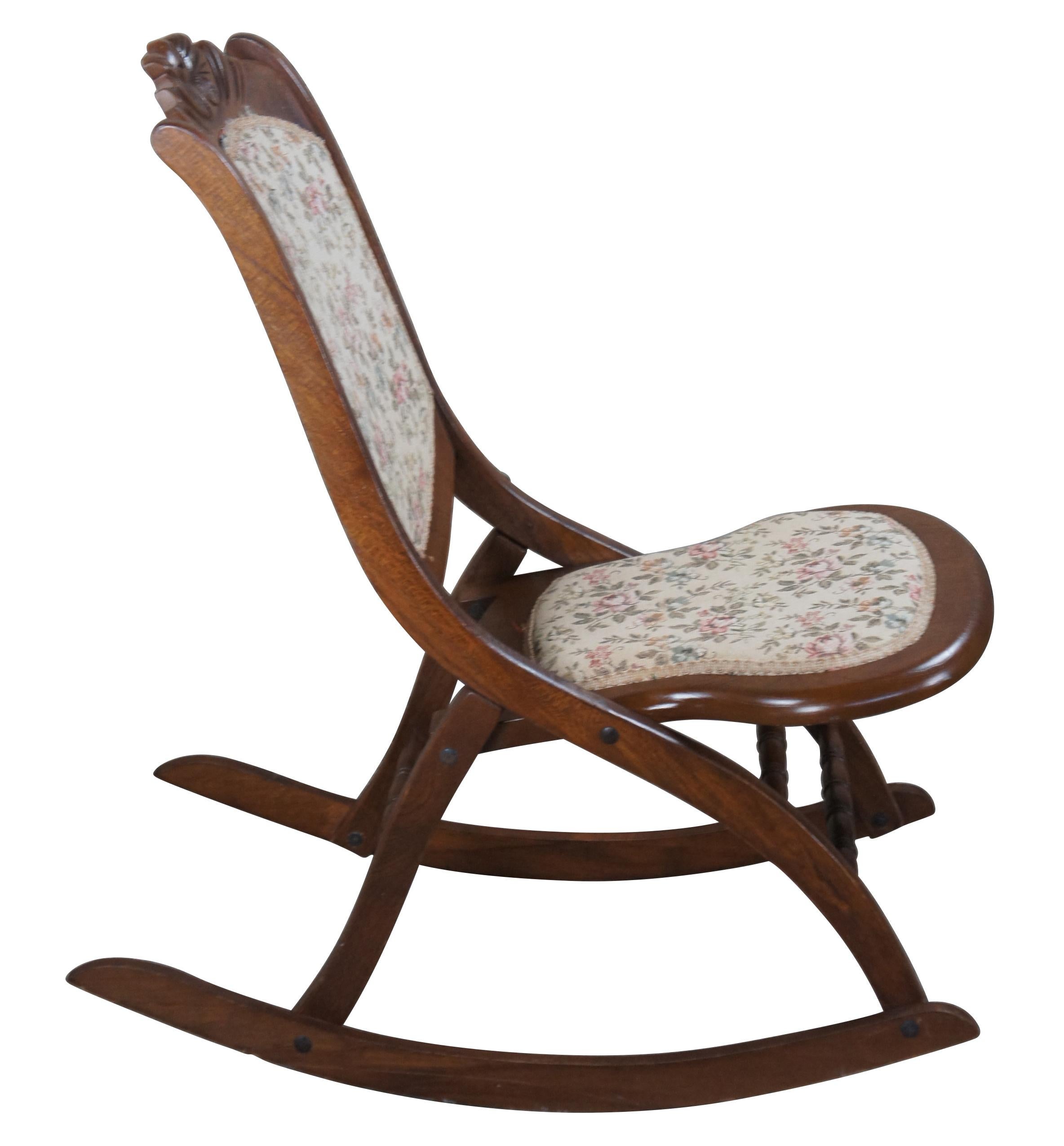 Antique Victorian Mahogany Carved Folding Rocker Floral Seat Campaign ...