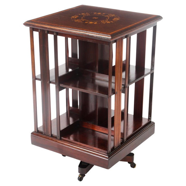 Antique Victorian Marquetry Inlaid Revolving Bookcase 19th C at 1stDibs
